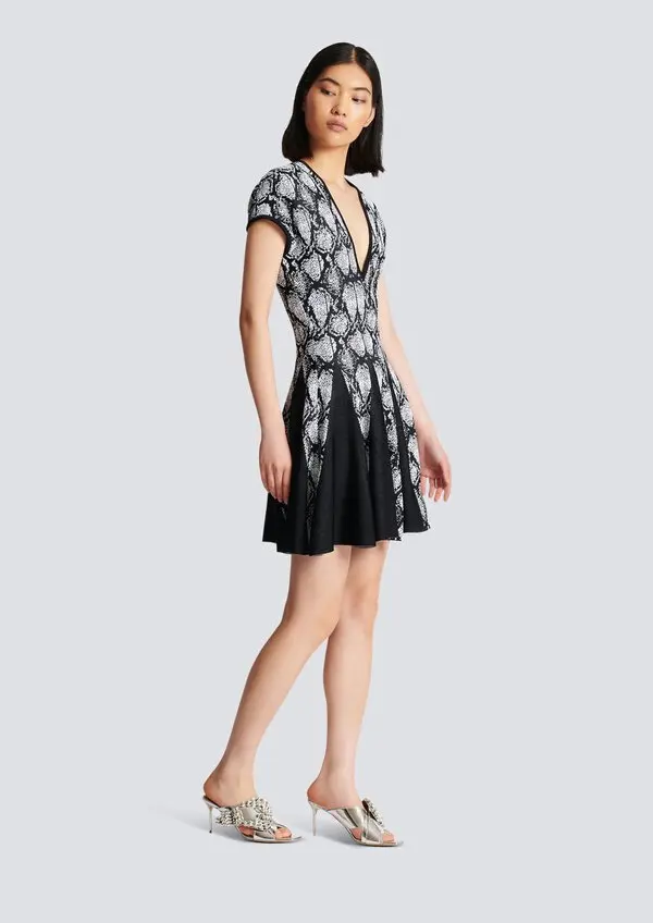 Balmain Snakeskin Jacquard V-neck Short Sleeve Dress