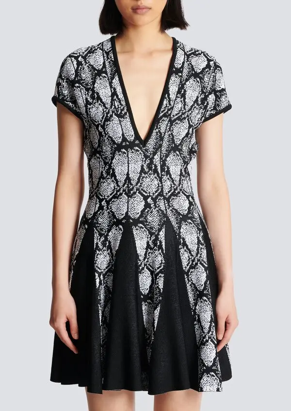 Balmain Snakeskin Jacquard V-neck Short Sleeve Dress