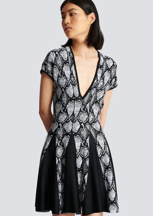 Balmain Snakeskin Jacquard V-neck Short Sleeve Dress
