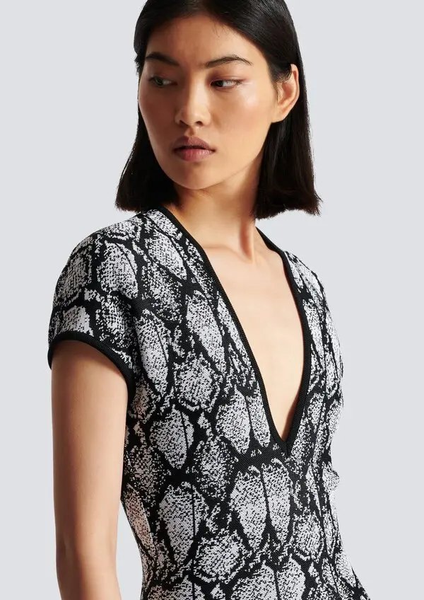 Balmain Snakeskin Jacquard V-neck Short Sleeve Dress