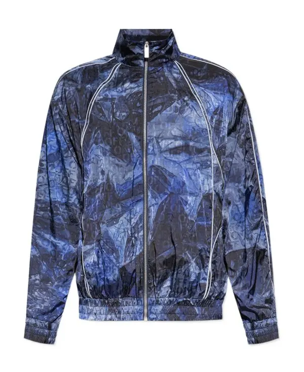 Off-White Crinkled Zip-up Windbreaker Jacket With Logo Pattern - Blue