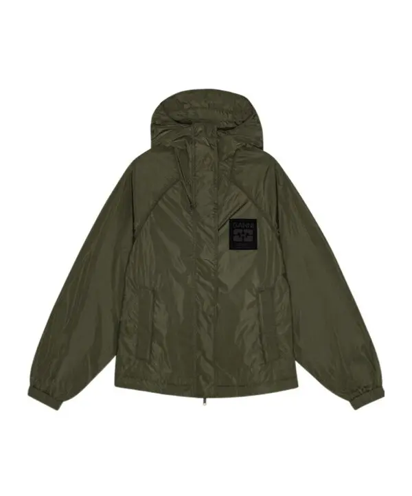 GANNI Hooded Zip-up Jacket With Logo Patch - Green