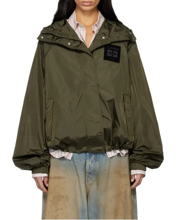 GANNI Hooded Zip-up Jacket With Logo Patch - Green