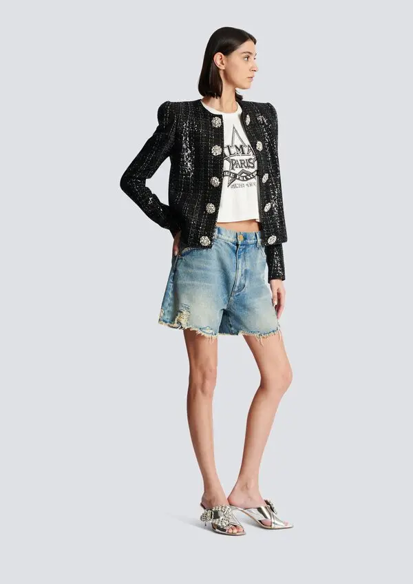 Balmain Tweed Sequin Embellished Jacket - Black