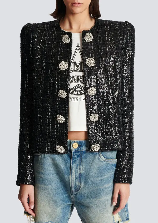 Balmain Tweed Sequin Embellished Jacket - Black