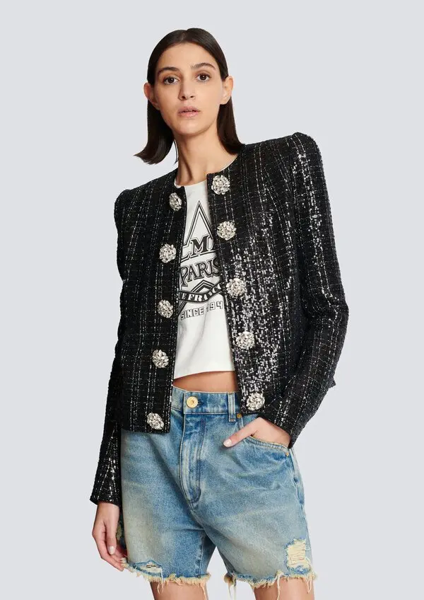 Balmain Tweed Sequin Embellished Jacket - Black