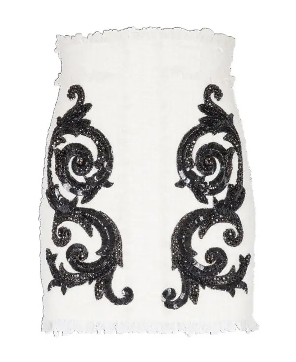 Balmain Baroque Tweed Mini Skirt With Embellishments - White