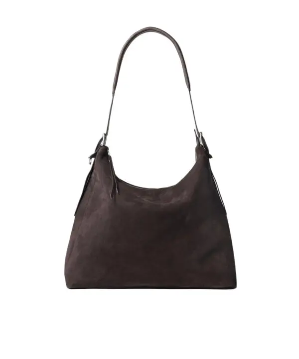 LEMAIRE Belted Hobo Bag In Suede Leather - Ebony Brown
