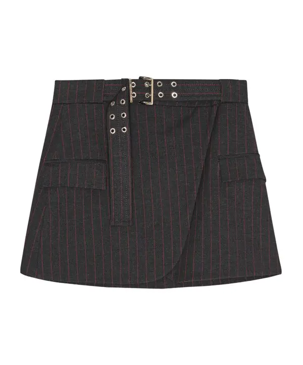 GANNI Pinstriped Mini Skirt With Belted Waist - Phantom Black