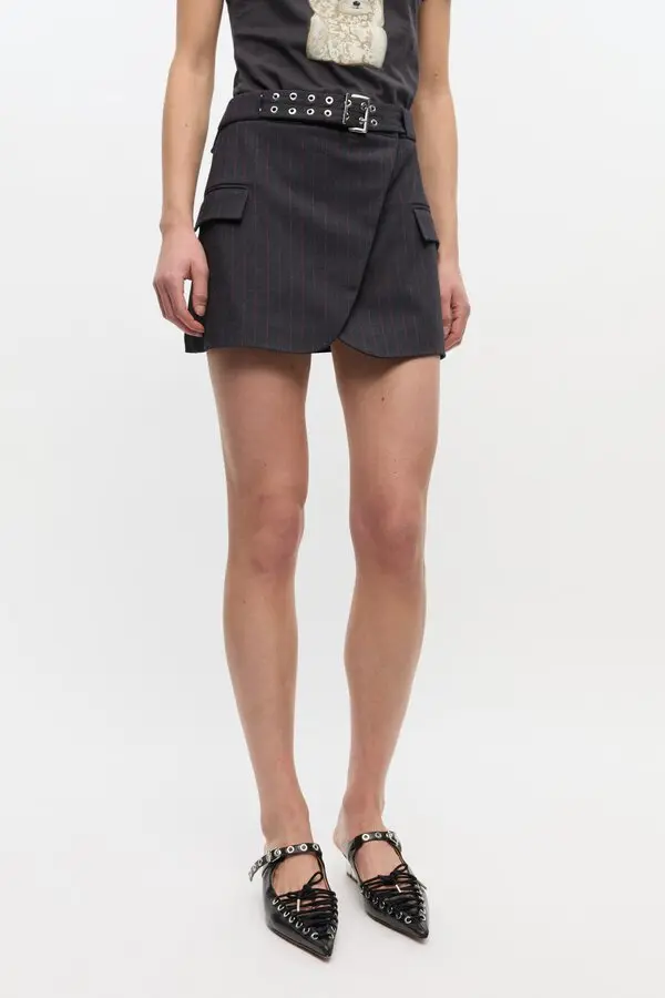 GANNI Pinstriped Mini Skirt With Belted Waist - Phantom Black