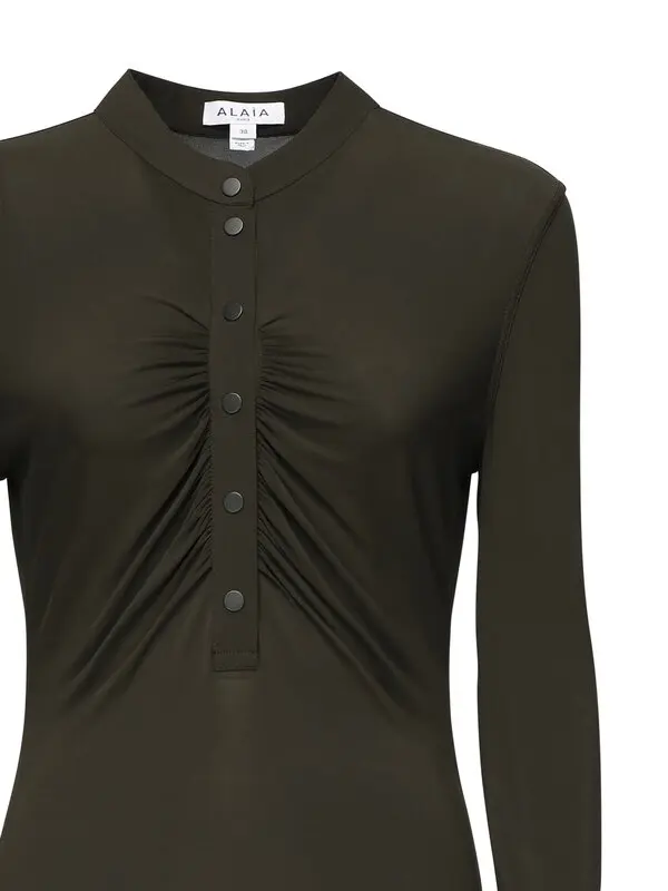 Alaïa Soft Jersey Ruched Dress With Mandarin Collar