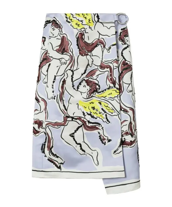 Tory Burch Printed Embellished Satin Wrap Skirt - Lilac Cherubs