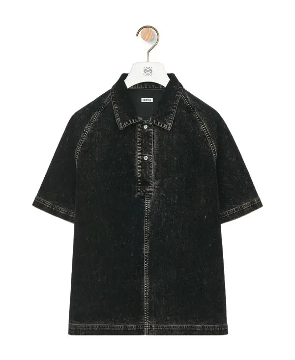 Loewe Denim Polo Shirt With Leather Patch - Black