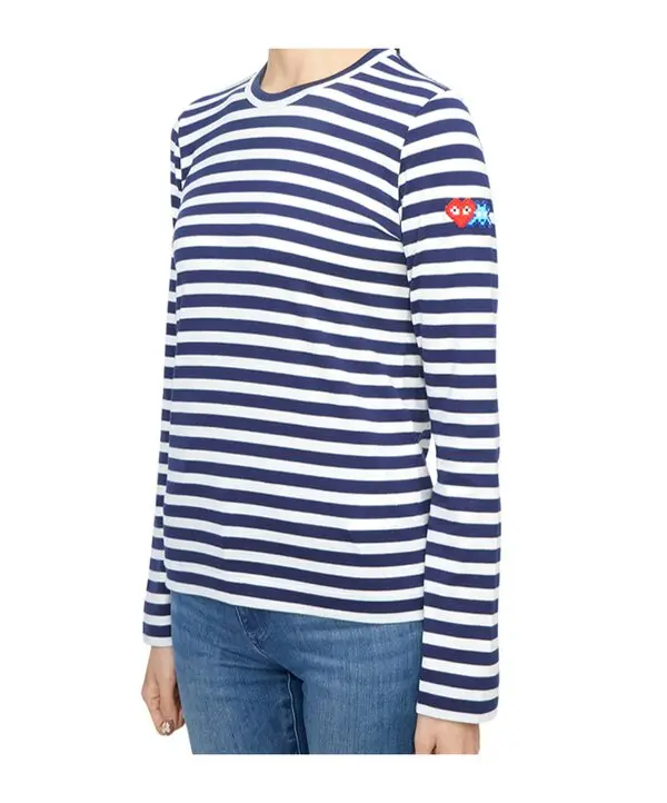 Play Comme Des Garcon X Invader Pixelated-heart Striped Long Sleeve Top