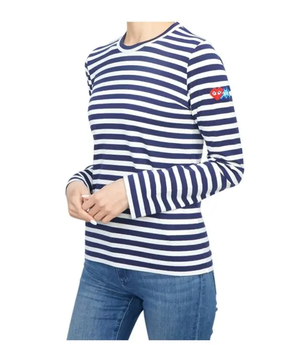 Play Comme Des Garcon X Invader Pixelated-heart Striped Long Sleeve Top