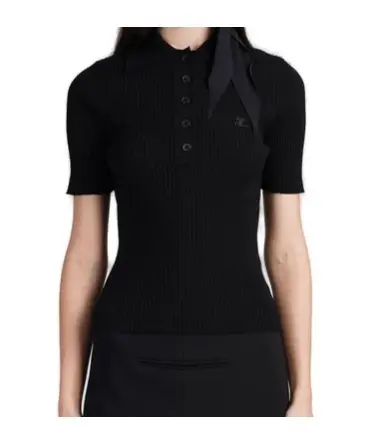 COURREGES Courrèges Short-sleeve Ribbed Knit Polo Shirt With Logo Detail - Black