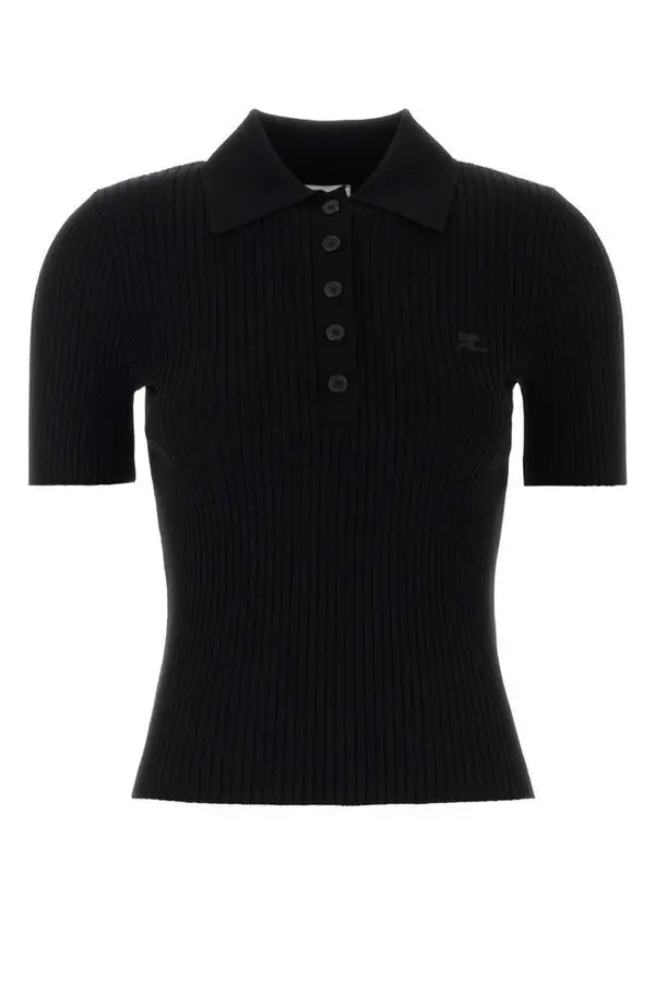 COURREGES Courrèges Short-sleeve Ribbed Knit Polo Shirt With Logo Detail - Black