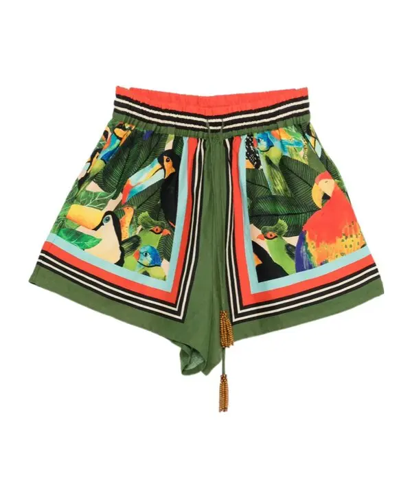 Farm Rio Bird-printed Beaded-detail Drawstring Shorts - Green