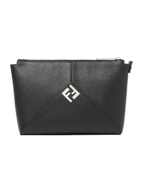 Fendi Lui Logo Plaque Zipped Clutch Bag - Black