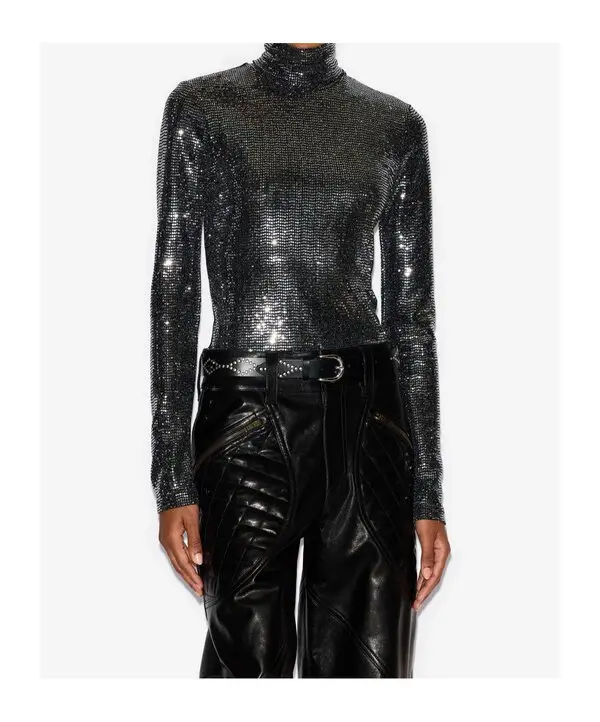 Isabel Marant Étoile Joyela Sequin Embellished High Neck Long Sleeve Top - Black/silver