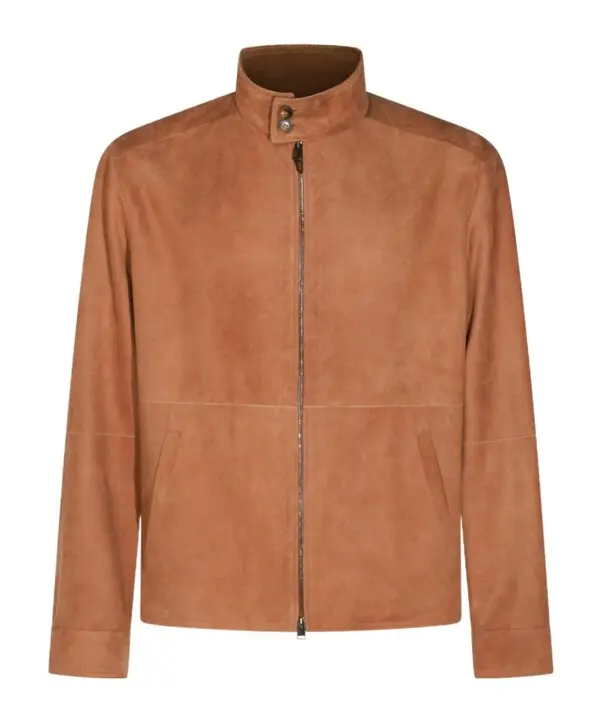 Canali Stand Collar Zip Jacket - Brown