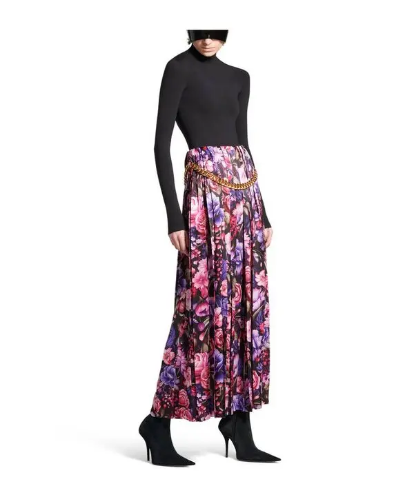 Balenciaga Bouquet Printed Pleated Long Skirt - Purple