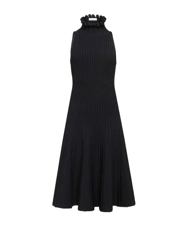 Alaïa Ribbed Knit Curled High-neck Midi Dress