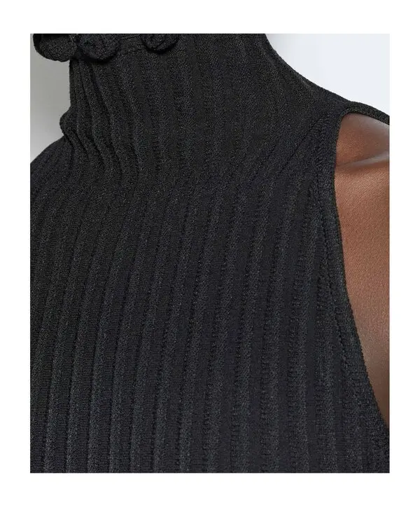Alaïa Ribbed Knit Curled High-neck Midi Dress