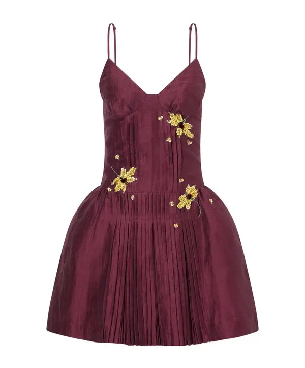 SHUSHU/TONG Pleated Sequined Dragonfly Mini Dress - Wine Red