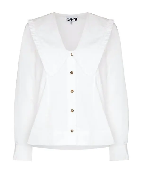 GANNI Ruffled V-neck Long-sleeved Shirt - White
