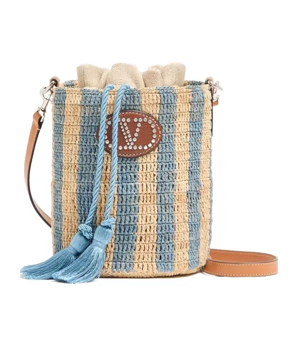 Valentino Garavani Striped Tassel Bucket Bag - Natural/azure