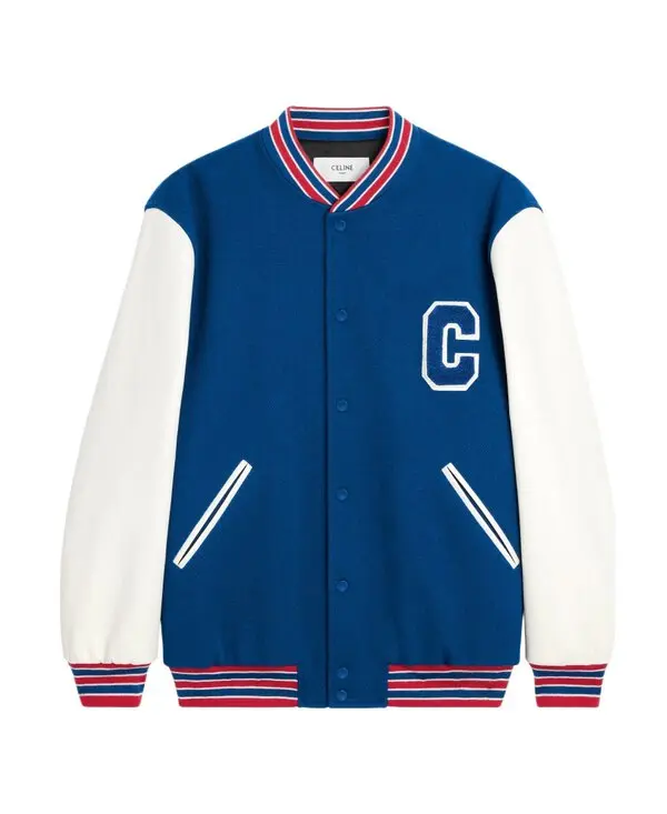 Celine Varsity Jacket In Textured Wool With Contrast Trim - No