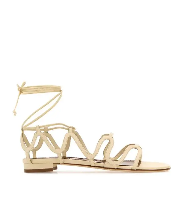 Manolo Blahnik Fawdaflat Cut-out Detailed Ankle-tied Sandals - Cream