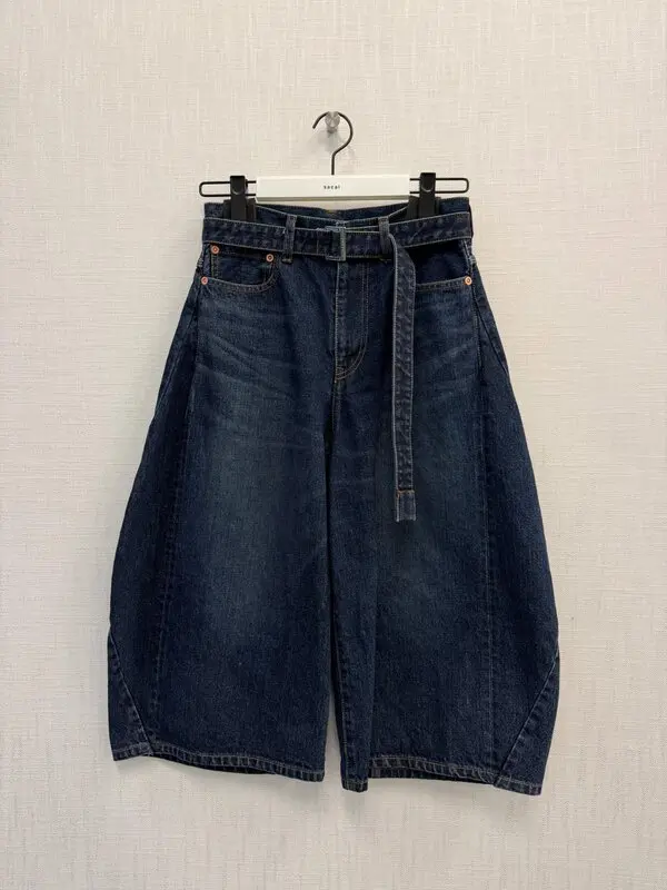 Sacai Belted Cropped Wide-leg Denim Shorts