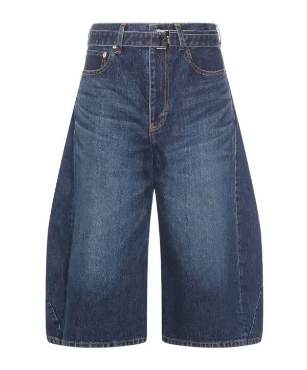 Sacai Belted Cropped Wide-leg Denim Shorts - Blue