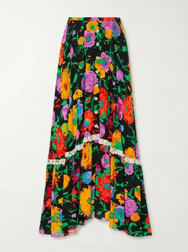 Gucci Floral Printed Crepe Skirt - Black