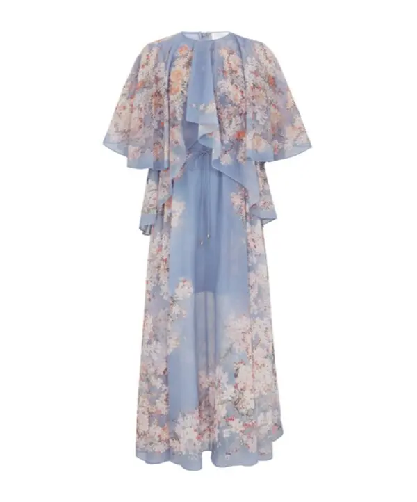 Zimmermann Teal Blue Botanical Floral Tiered Maxi Dress