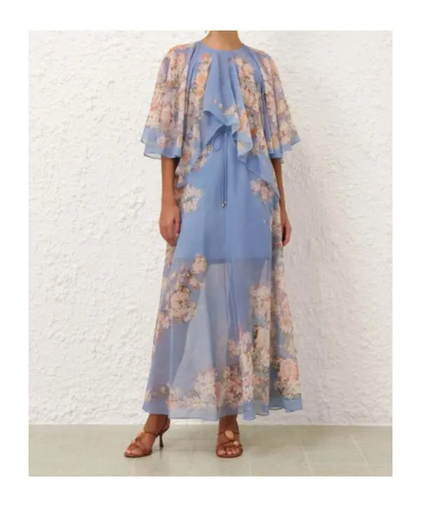 Zimmermann Teal Blue Botanical Floral Tiered Maxi Dress
