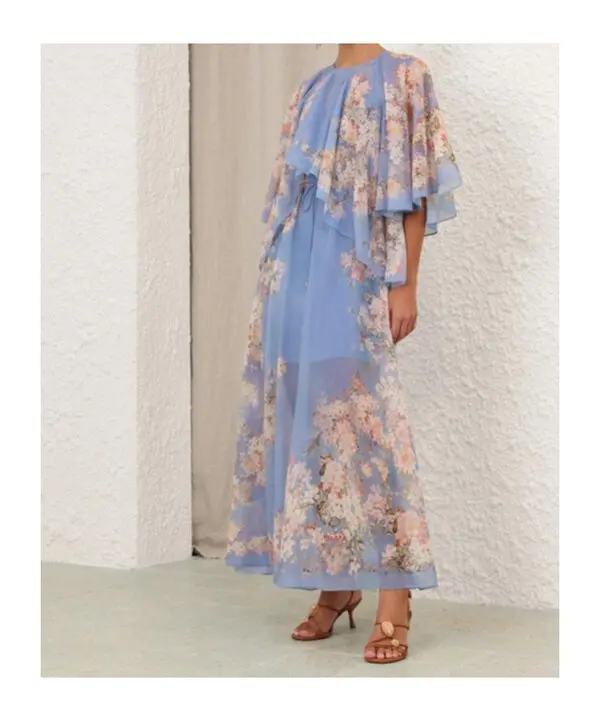 Zimmermann Teal Blue Botanical Floral Tiered Maxi Dress