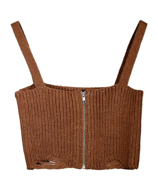 KIMHEKIM Ribbed Knit Top With Thin Shoulder Straps And Zipper Detail