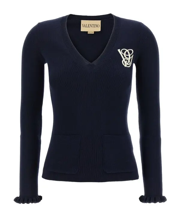 Valentino Garavani V-neck Wool Sweater With Embroidered Logo And Pockets