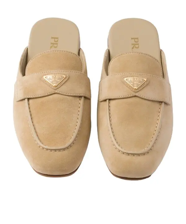 Prada Logo Plaque Almond Toe Mules - True Color