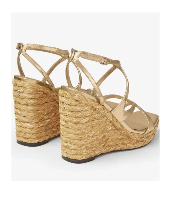 JIMMY CHOO Ayla 110 Metallic Raffia Wedge Sandals - Nude