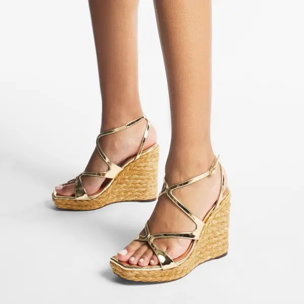 JIMMY CHOO Ayla 110 Metallic Raffia Wedge Sandals - Nude
