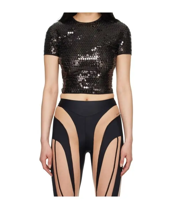 MUGLER Cropped Sequin Top - Black