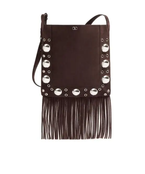 Valentino Garavani Suede Shoulder Bag With Studs And Fringe - Black