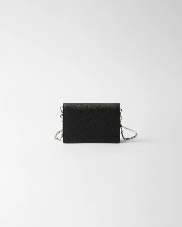 Prada Saffiano Leather Card Holder With Shoulder Strap - Black