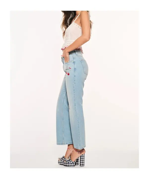 LoveShackFancy Embroidered Light Wash Denim Jeans