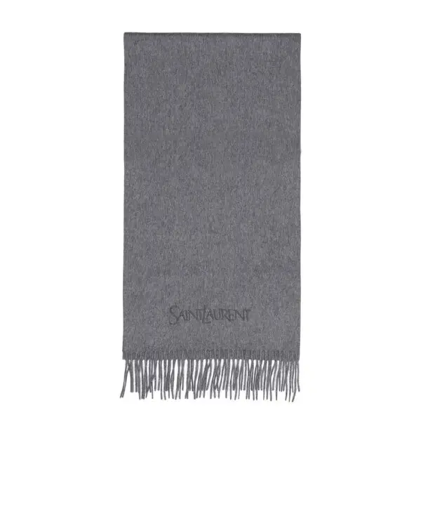 Saint Laurent Logo Embroidered Fringed Scarf - Graphite