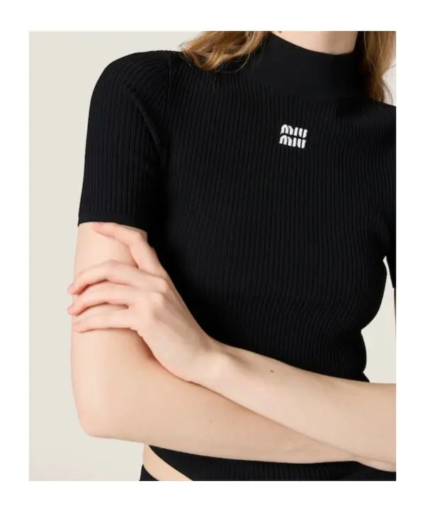 Miu Miu Logo Pattern Ribbed Knit Turtleneck
